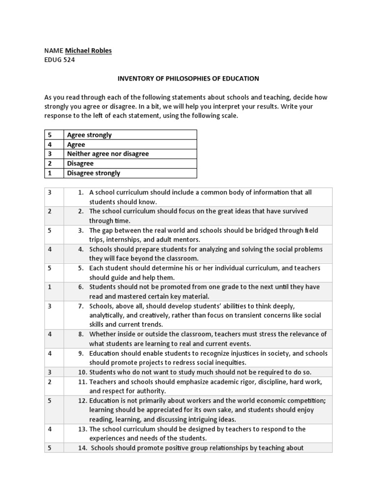 Philosophy of Education Inventory Fall 2021 | PDF