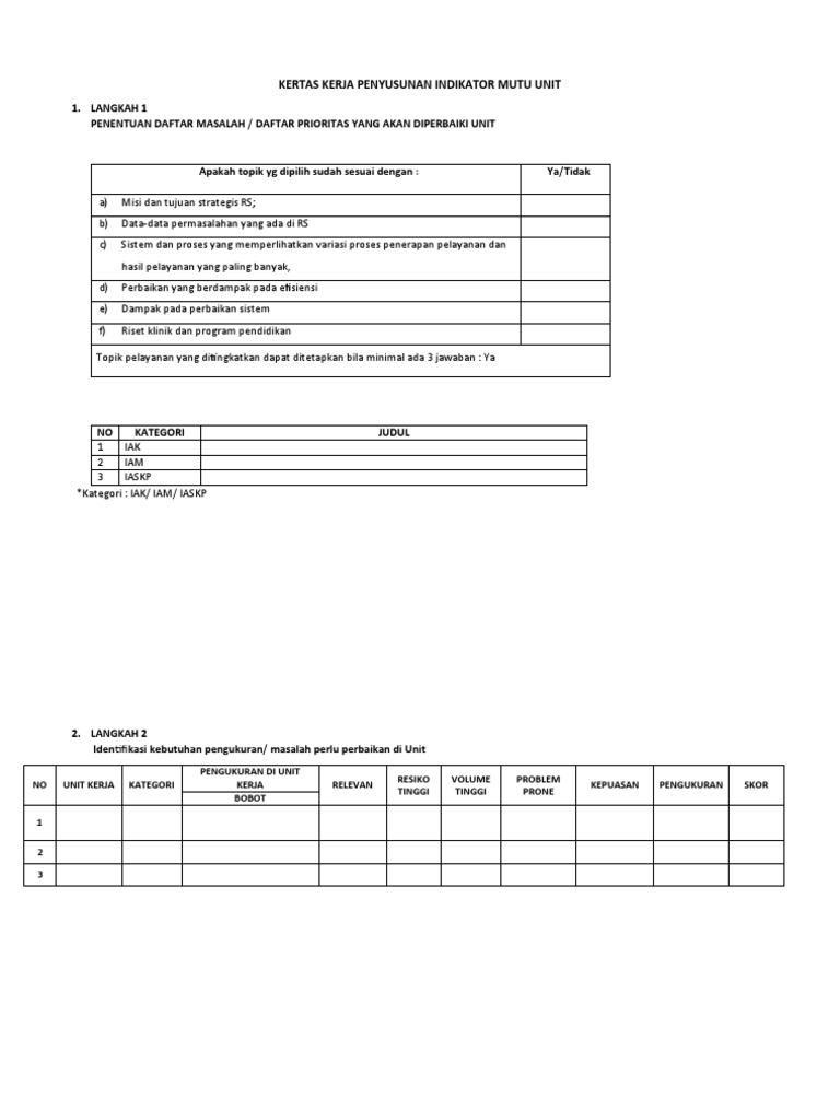 Lembar Kerja Penyusunan Indikator Mutu | PDF