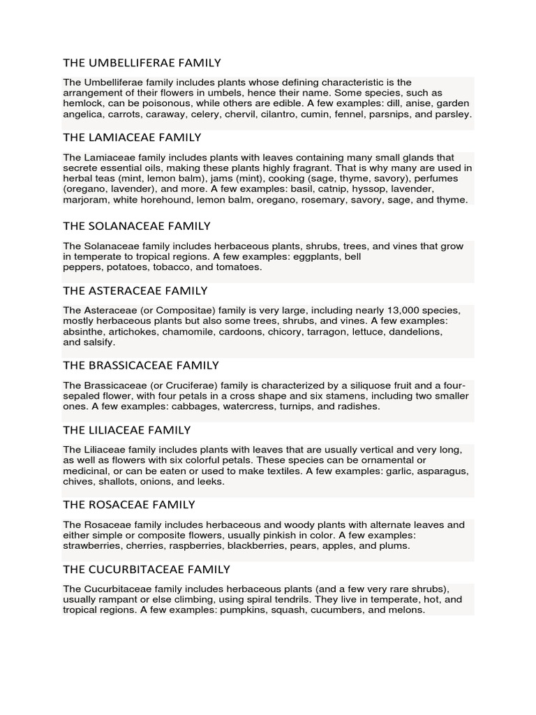 Plant Family Guide for Botanists | PDF | Plants | Vegetables