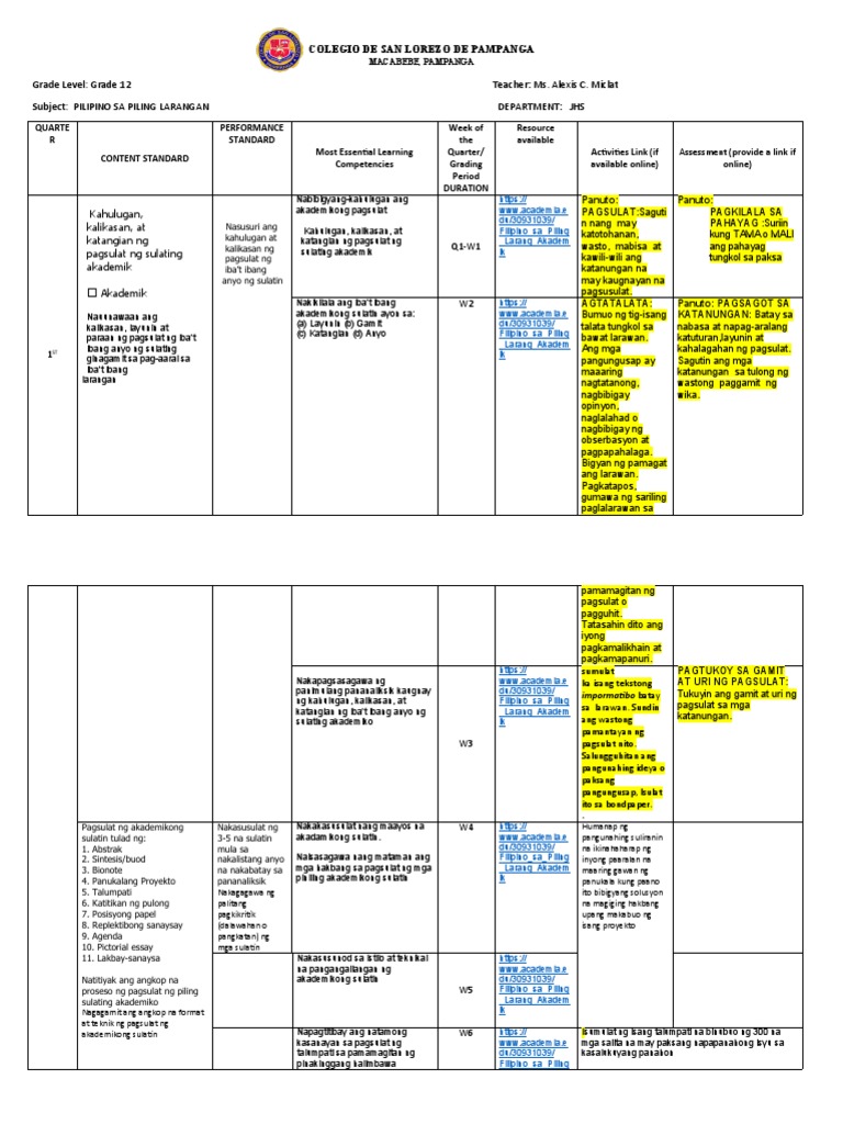 Melcs g12 Pilipino Sa Piling Laranganq1 | PDF
