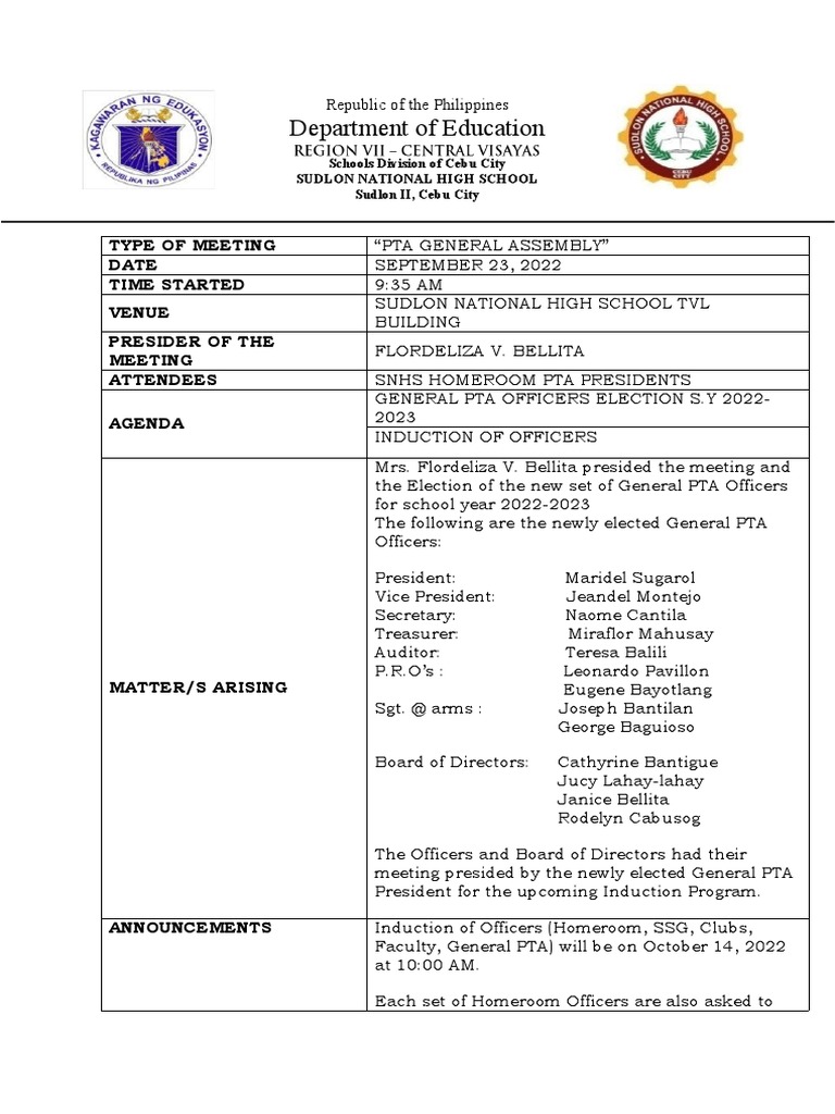 General Pta Assembly Minutes | PDF | Governance