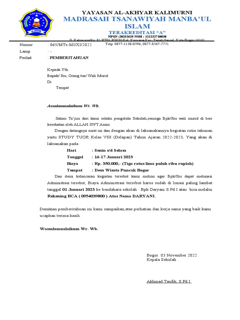 SURAT PEMBERITAHUAN STUDY TOUR 2022-2023 Mts | PDF
