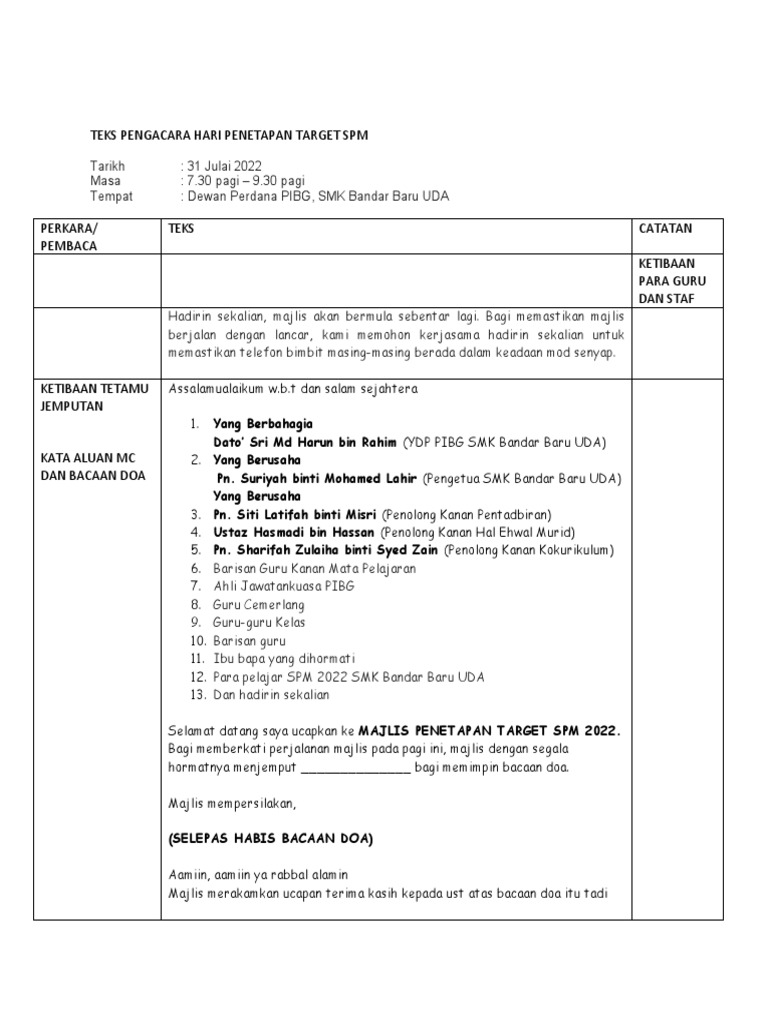 Teks MC Hari Penetapan Target SPM | PDF