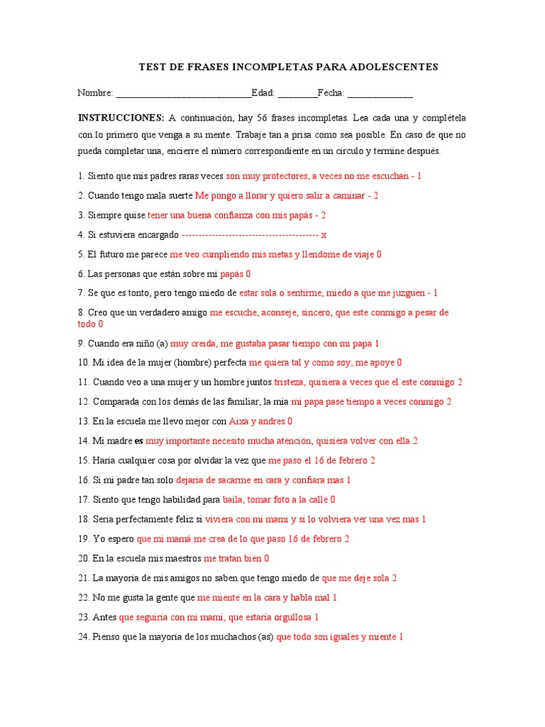 Test de Frase Incompletas de Sacks Adole | PDF