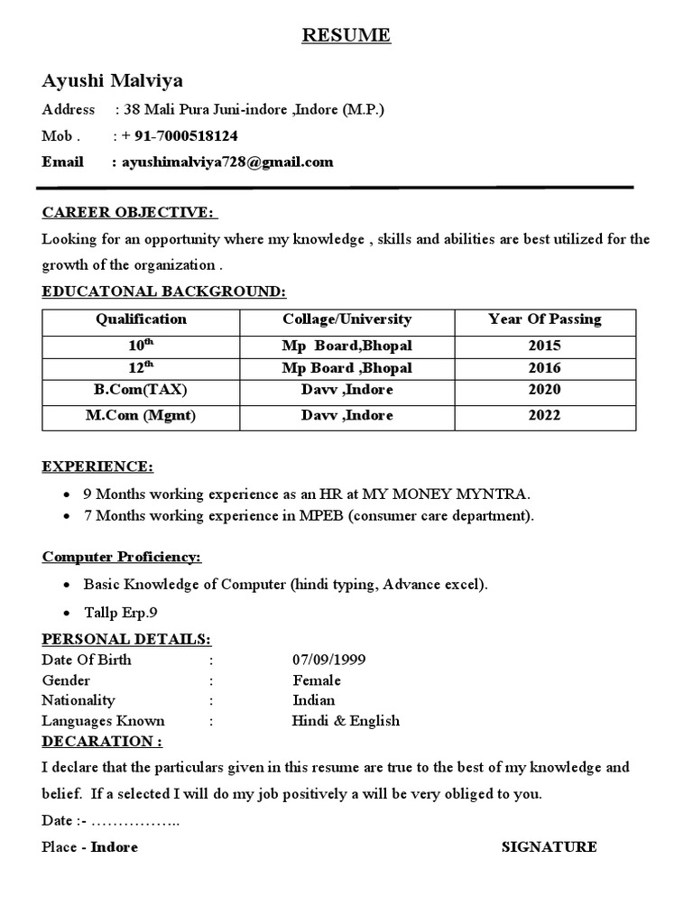 Ayushi Malviya's Resume - B.Com M.Com Experience HR | PDF