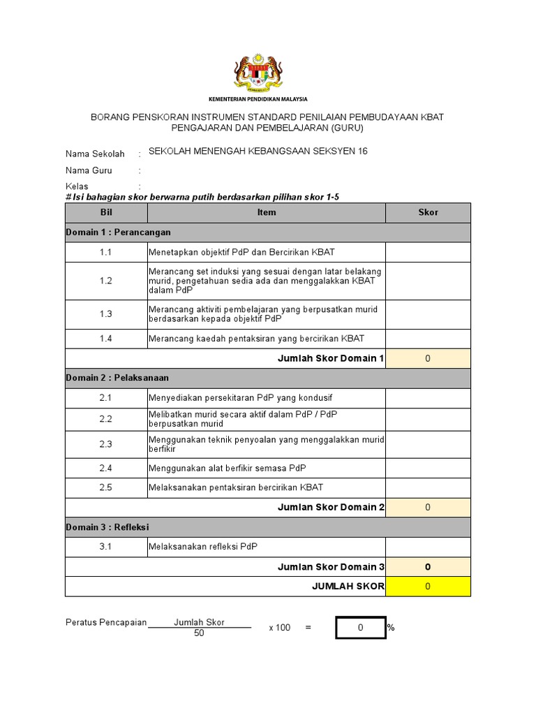 Borang Penskoran Kbat Guru | PDF