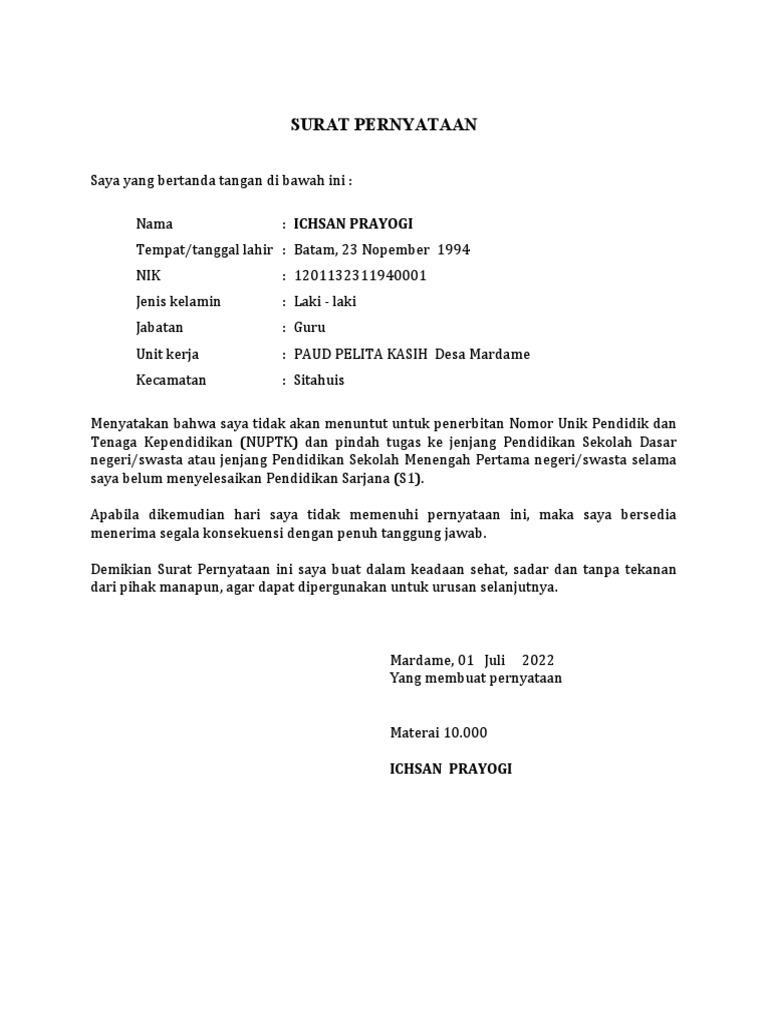 Surat Pernyataan Masuk Dapodik | PDF