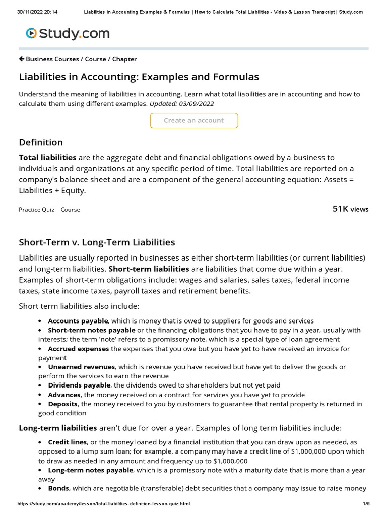 Liabilities in Accounting Examples & Formulas - How To Calculate Total Liabilities - Video ...