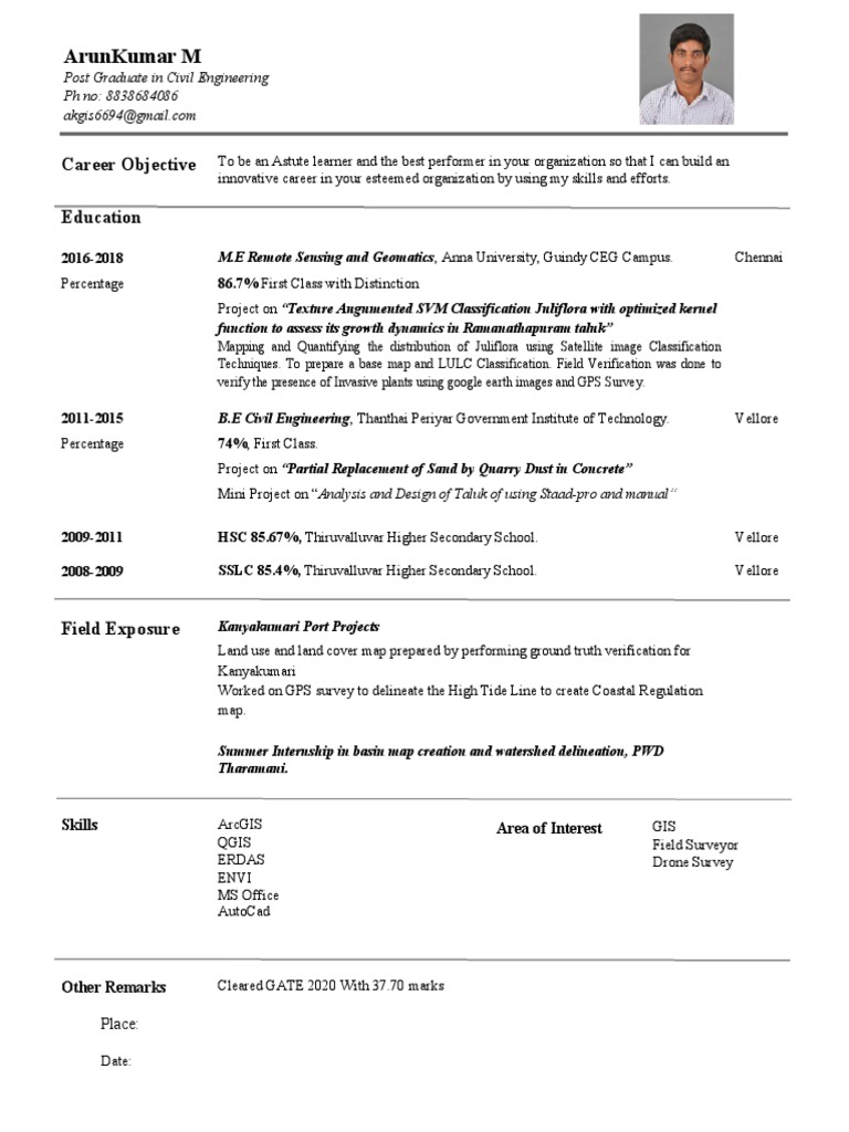 A Resume Highlighting ArunKumar M's Educational Qualifications and Professional Experience in ...