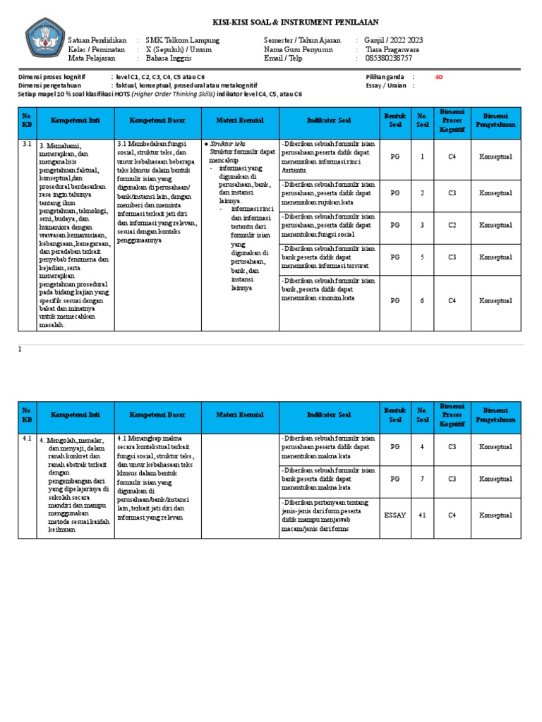 Kisi-Kisi Soal - Instrument Penilaian | PDF