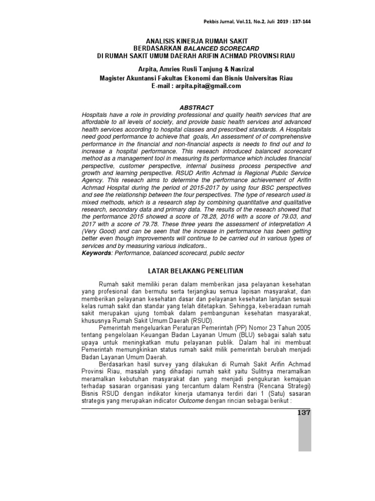 Analisis Kinerja Rumah Sakit Berdasarkan Balanced Scorecard Di Rumah Sakit Umum Daerah Arifin ...