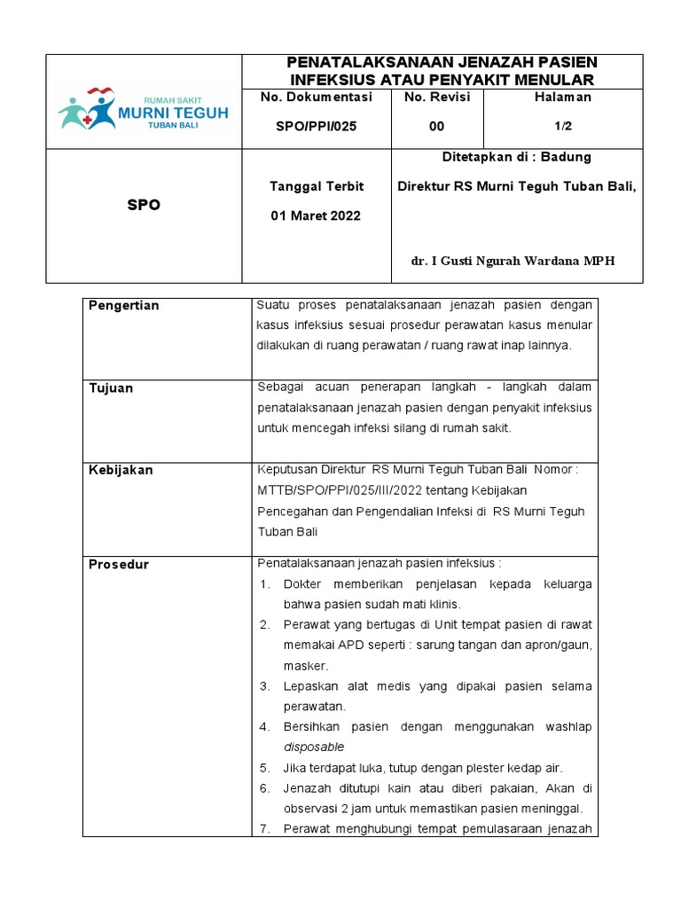 25.spo Penatalaksanaan Jenazah Pasien Infeksius Atau Penyakit Menular | PDF