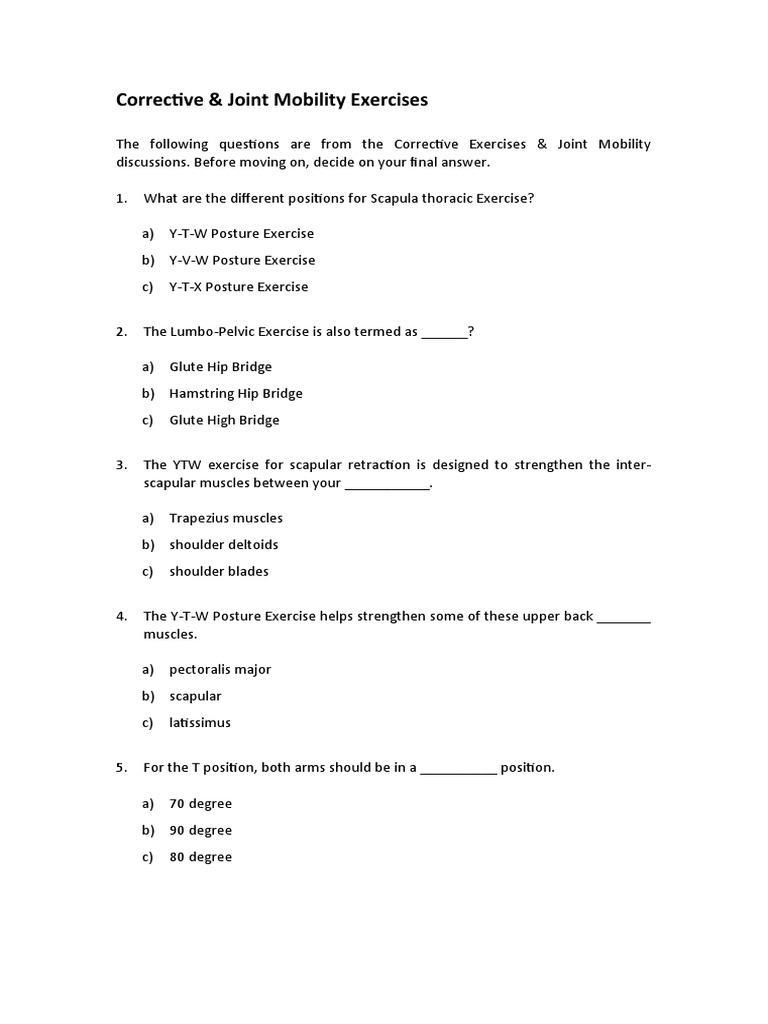 Guided Quiz On Correcetive & Joint Mobility Exercises | PDF