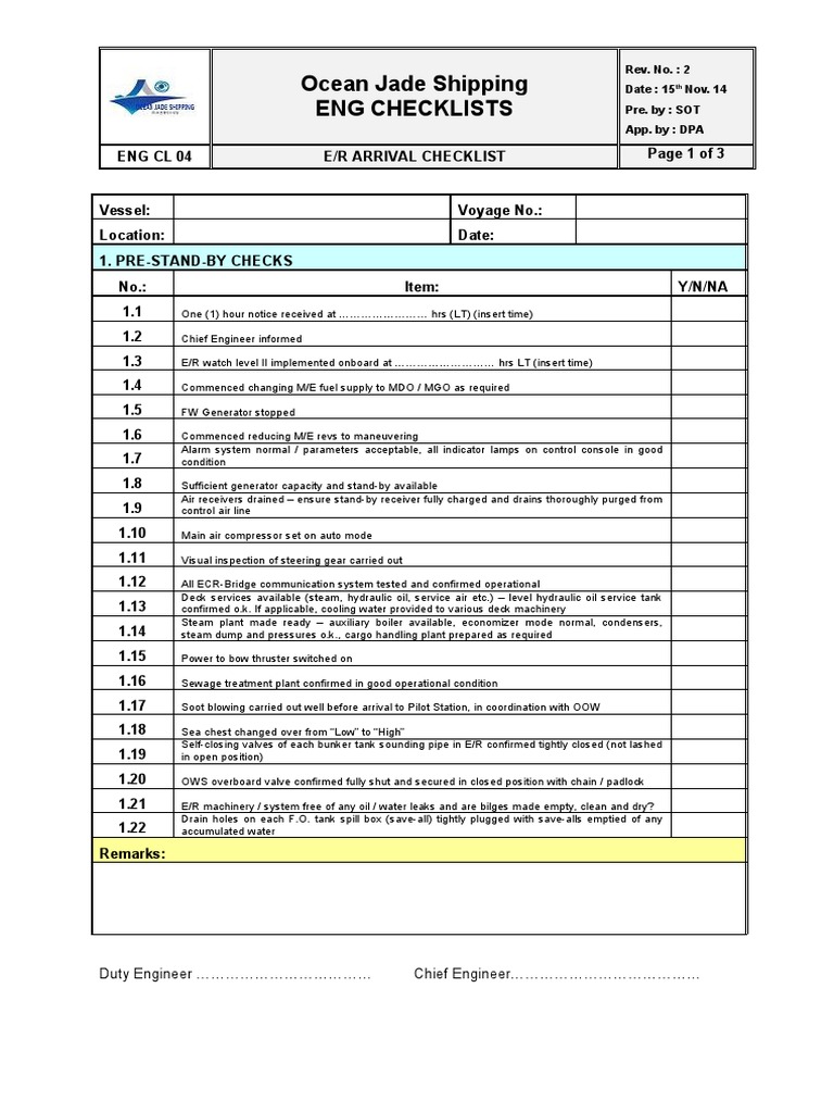 ENG CL 04 - ER Arrival Checklist | PDF | Mechanical Engineering ...