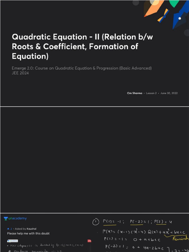 Quadratic Equation II Relation BW Roots Coefficient Formation of ...