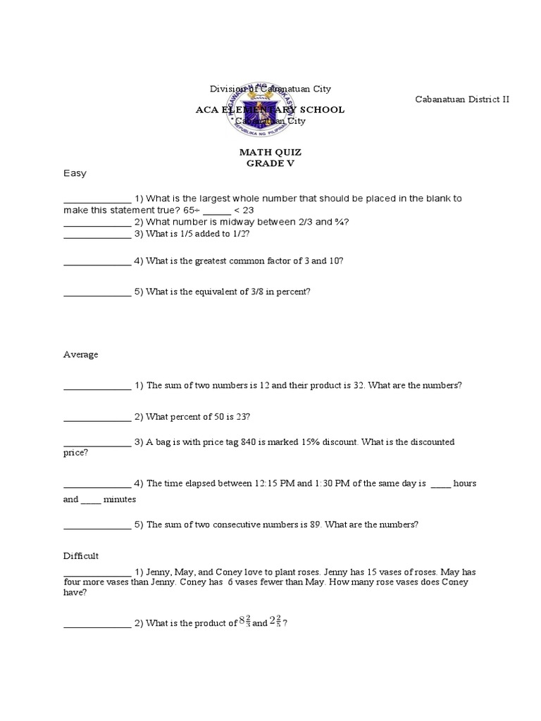 Math Question Grade 5 | PDF