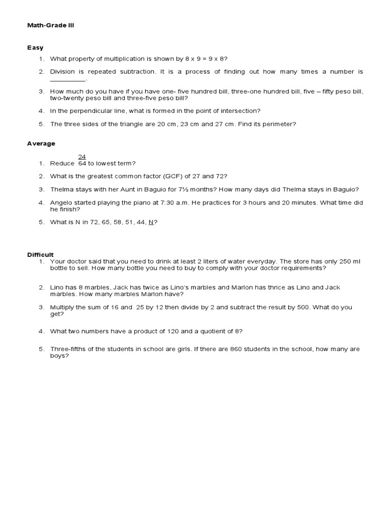 Math Questionnaire GR 3 | PDF