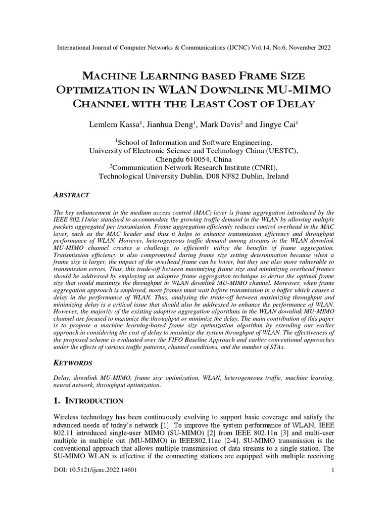 Machine Learning Based Frame Size Optimization in WLAN Downlink MU-MIMO Channel With The Least ...