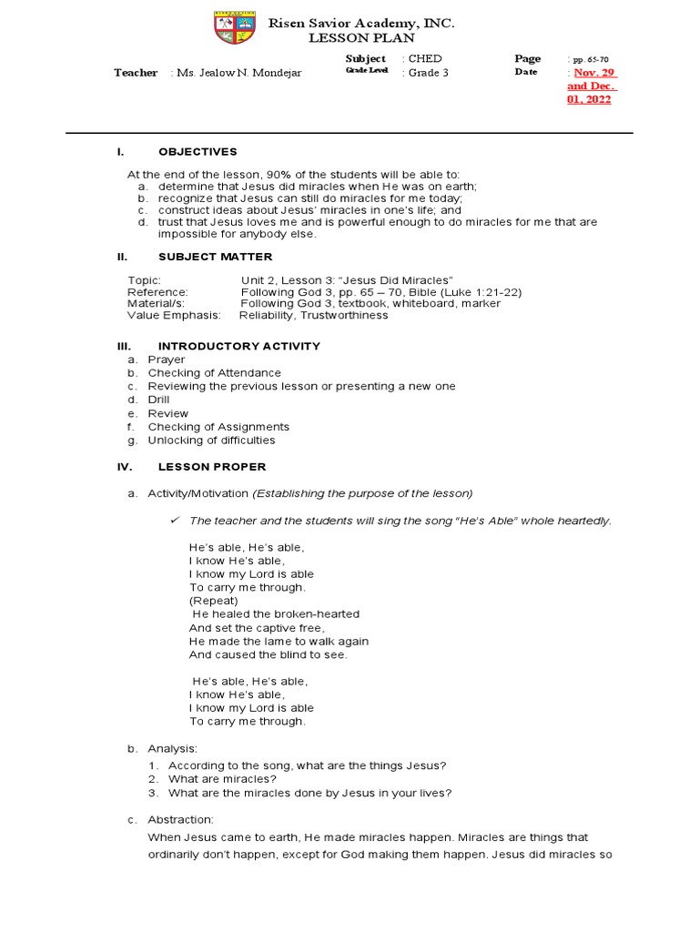 Lessonplan Ched3 | PDF | Jesus | Miracle