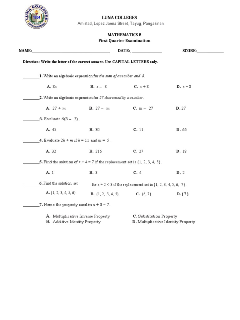 LUNA COLLEGES Mathematics Exam | PDF | Discrete Mathematics | Mathematics