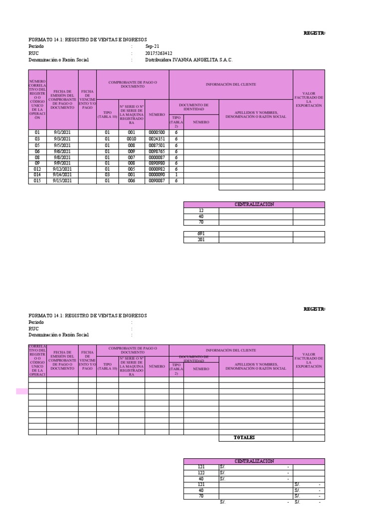 Registro de Ventas Formato 14.1 | PDF