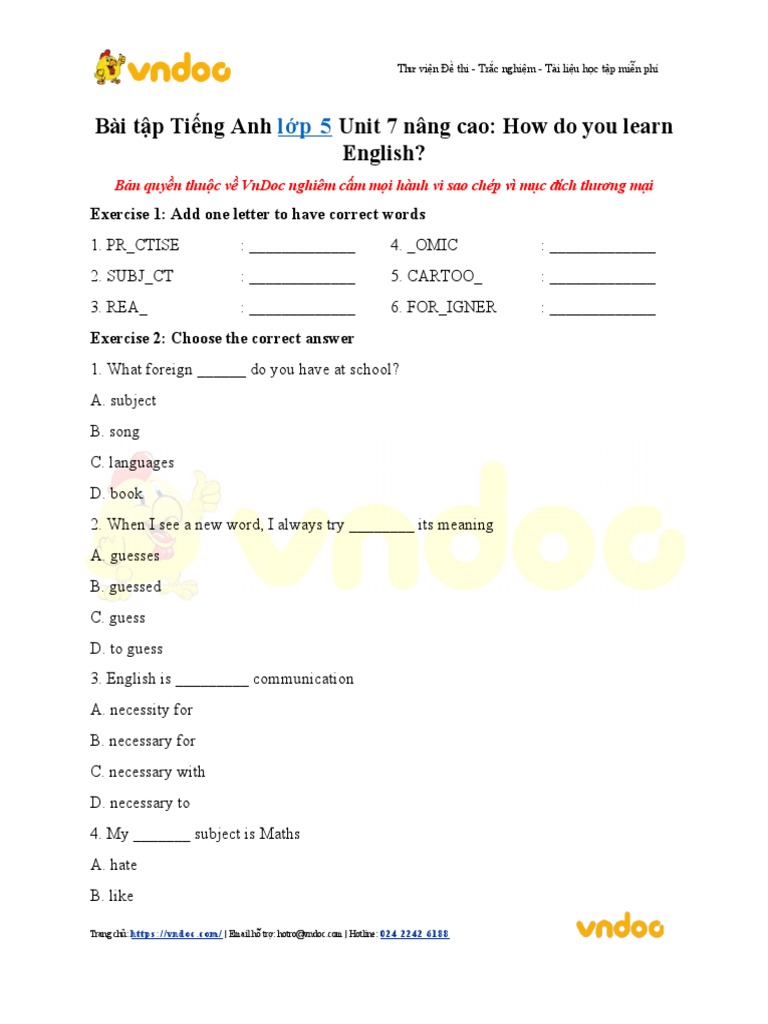 Bai Tap Tieng Anh Lop 5 Unit 7 Nang Cao How Do You Learn English | PDF ...