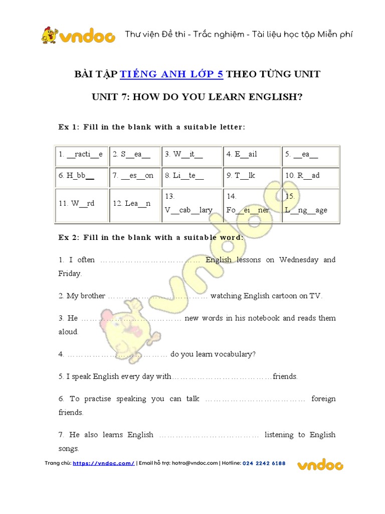 Bai Tap Tieng Anh Lop 5 Unit 7 How Do You Learn English | PDF | Human Communication | Linguistics