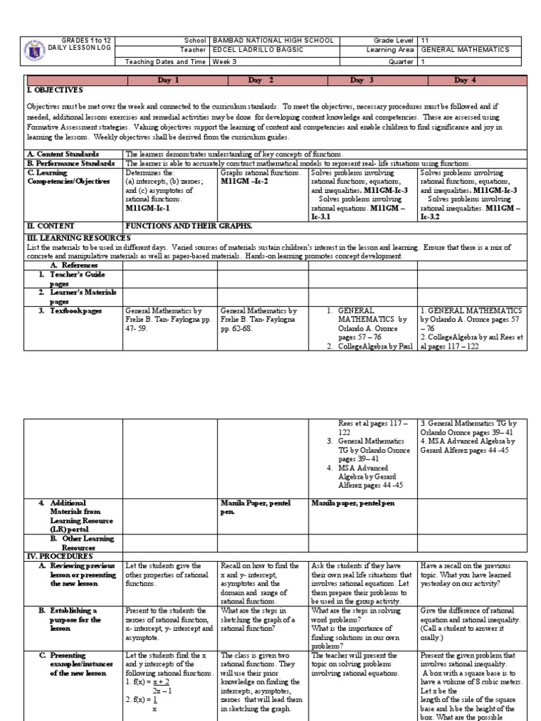 DLL Gen Math Week 3 | Download Free PDF | Asymptote | Equations