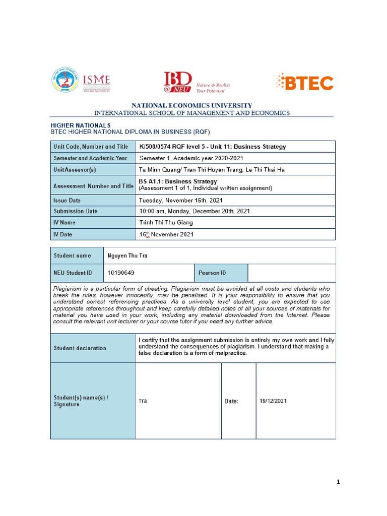 Business Strategy - Final Assignment - BTEC HND Level 5 - Semester 2021/2022 | PDF | Strategic ...