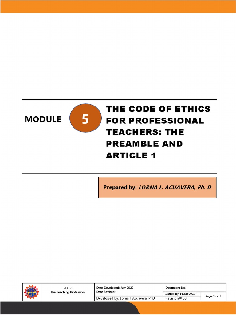 Module 5 The Code of Ethics For Professional Teachers The Preamble and Article 1 | PDF ...