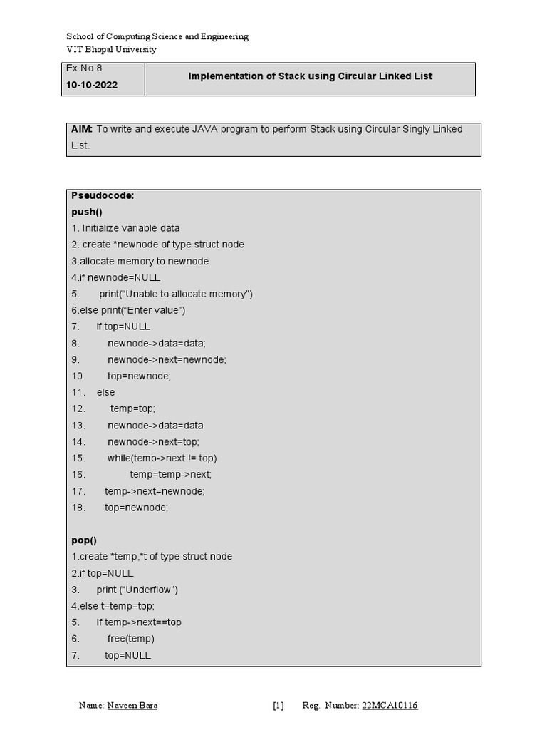 Expt-8 - Implementation of Stack Using Circular Linked List | PDF | Pointer (Computer ...