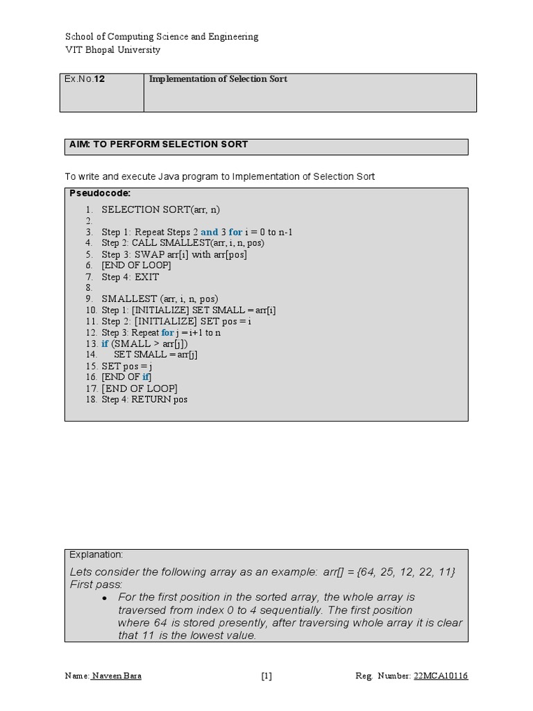 Expt-12 - Implementation of Selection Sort | Download Free PDF | Array ... Expt-12 - Implementation of Selection Sort | Download Free PDF | Array ...