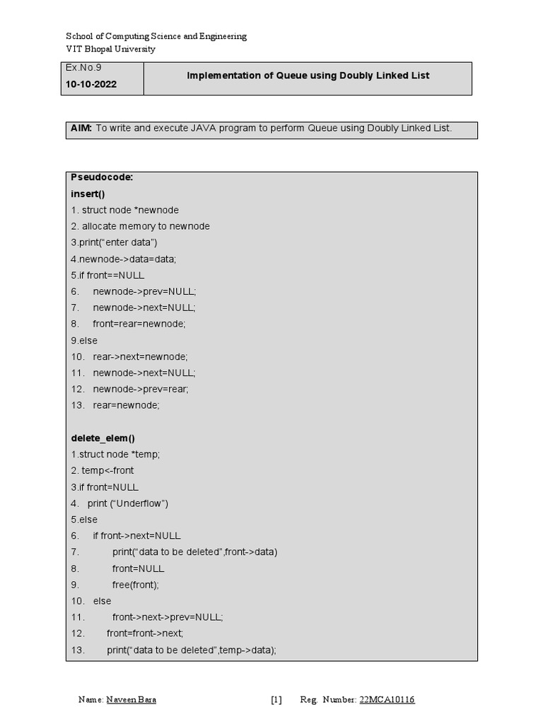 Expt 9 Implementation Of Queue Using Doubly Linked List Pdf Queue Abstract Data Type 