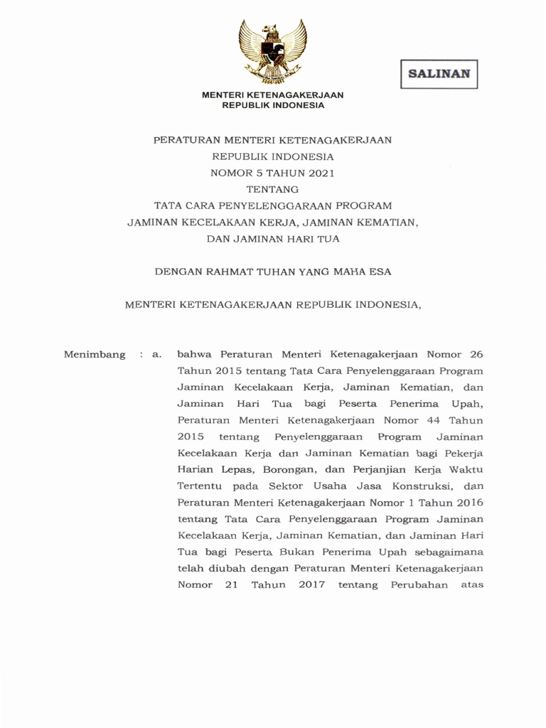 Permenaker Nomor 5 Tahun 2021 | PDF