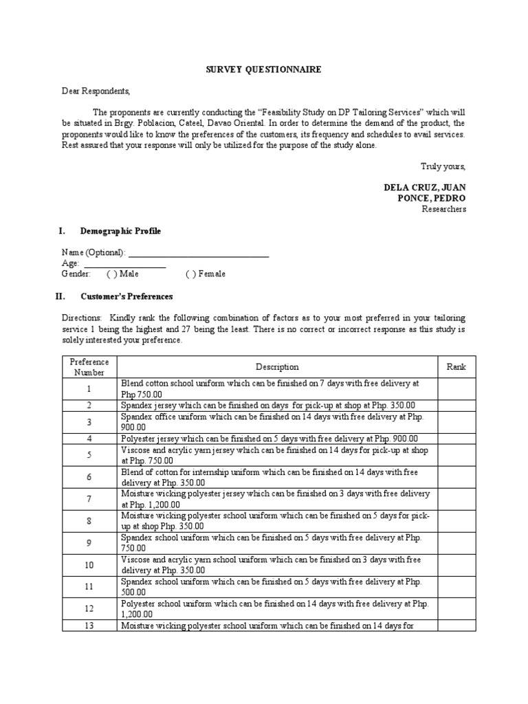 FS Sample Questionnaire | PDF | Fibers | Textiles