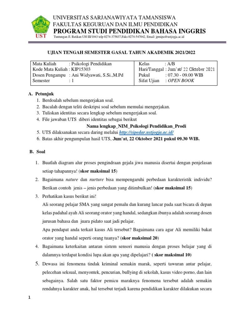 Soal Uts Psikologi Pendidikan - Pbi - Gasal 2021 | PDF