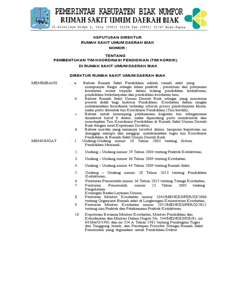 Draft SK Tim Kordik Rsud Biak | PDF