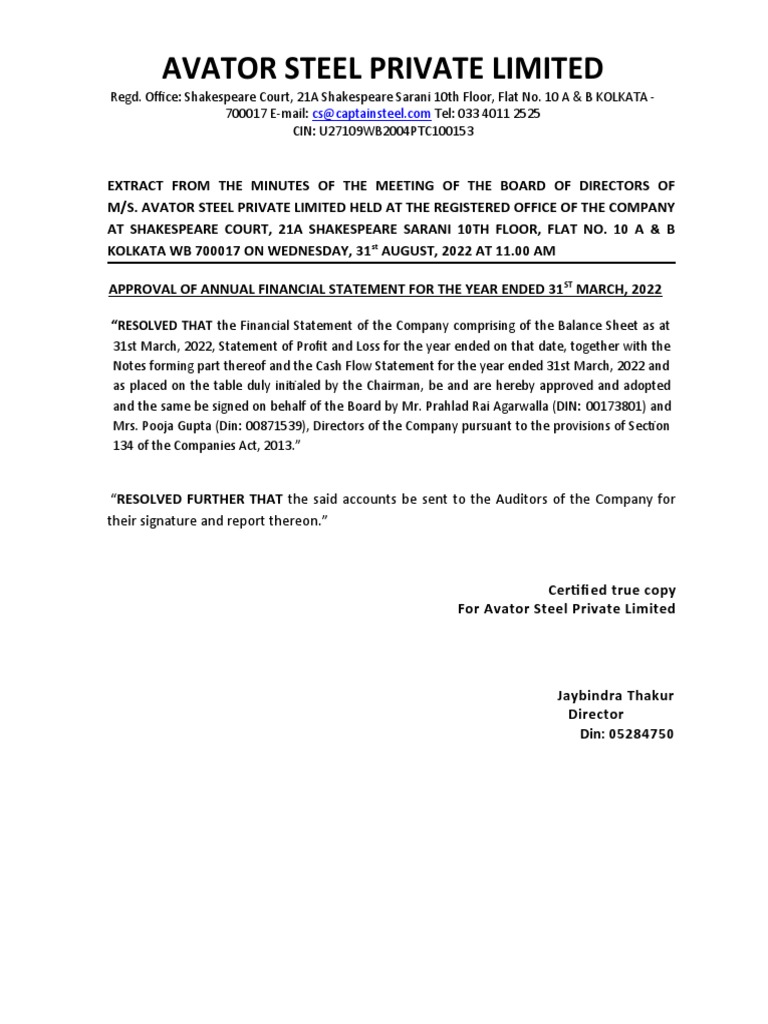 Resolution For Approval of Financial Statement-2022 31.08.2022 | PDF ...