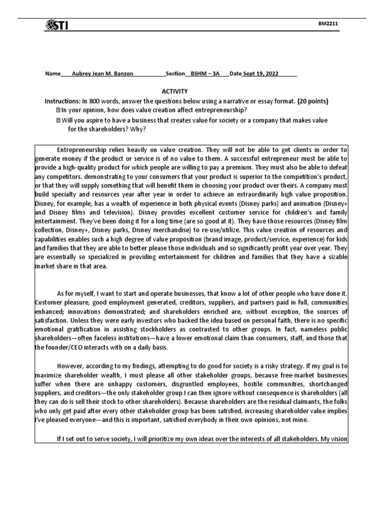 02 Activity 2 Entrep Value Creation | PDF | Entrepreneurship | Value ...