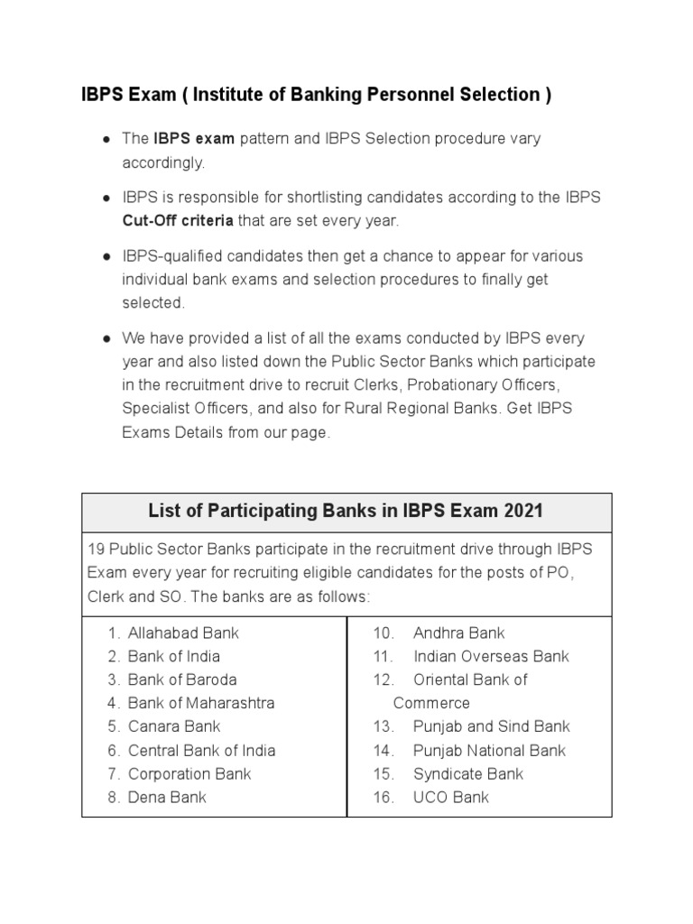 IBPS Exam Overview and Bank List | PDF | Banking | Banks