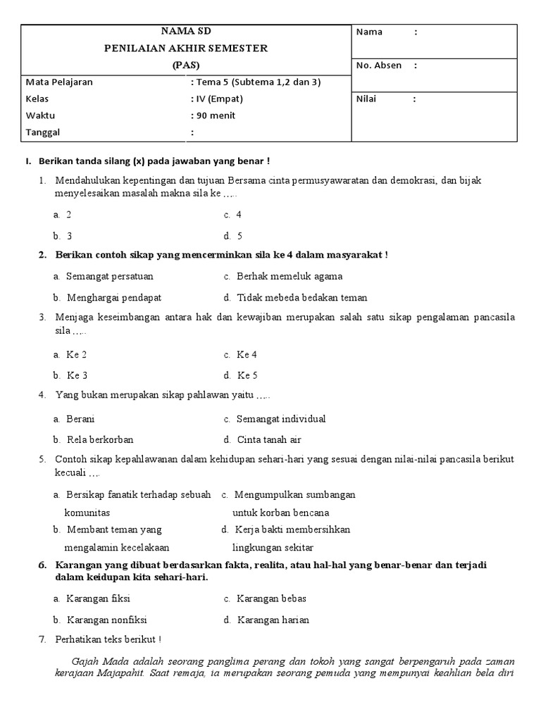 SOAL PAS TEMA 5 Kelas 4 | PDF