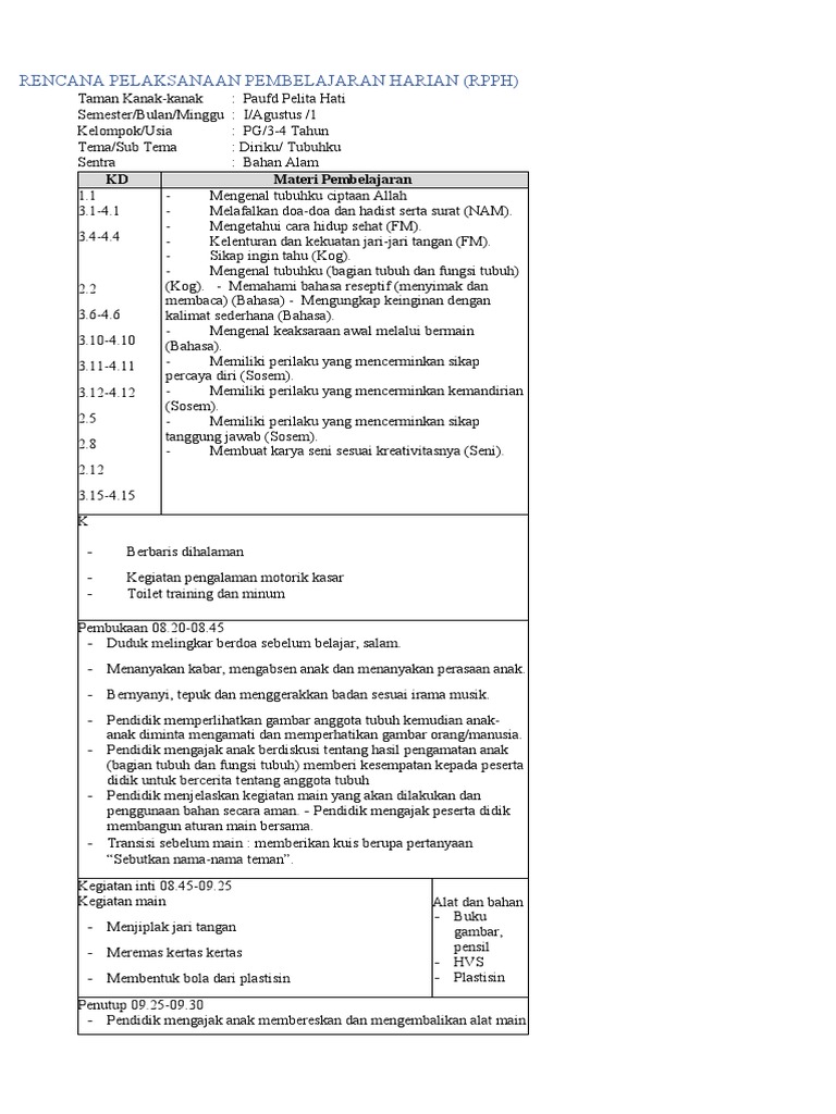 RPPH PAUD Tema Diriku Agustus 2025 | PDF