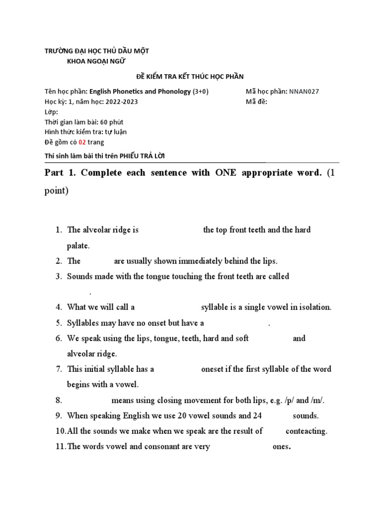 English Phonetics Exam Paper 2022-2023 | PDF | Syllable | Human Voice