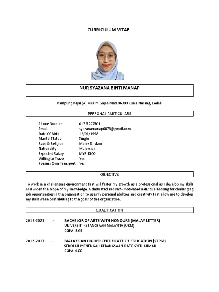 Nur Syazana Binti Manap CV | Download Free PDF | Malaysia