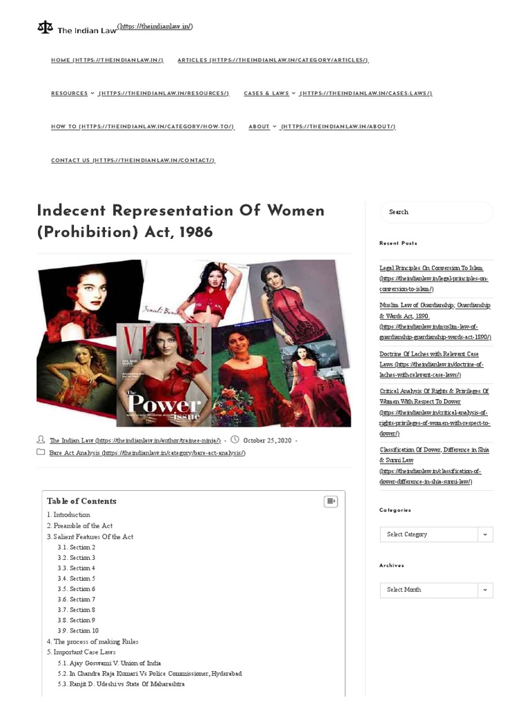Indecent Representation of Women (Prohibition) Act, 1986 - The Indian Law | PDF | Obscenity | Crimes