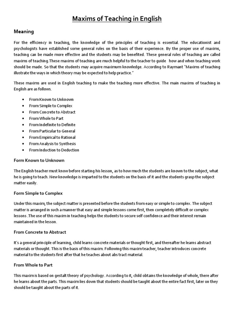 Maxims Of Teaching In English Pdf Teachers Knowledge