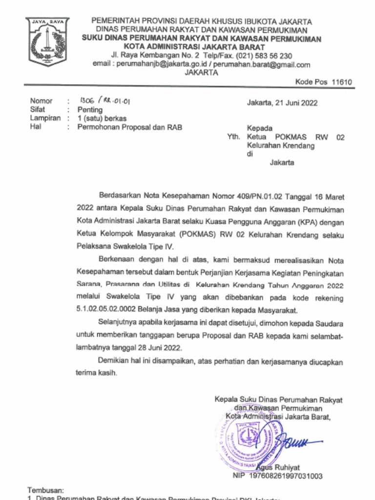 Permohonan Proposal Dan RAB POKMAS RW 02 Krendang | PDF