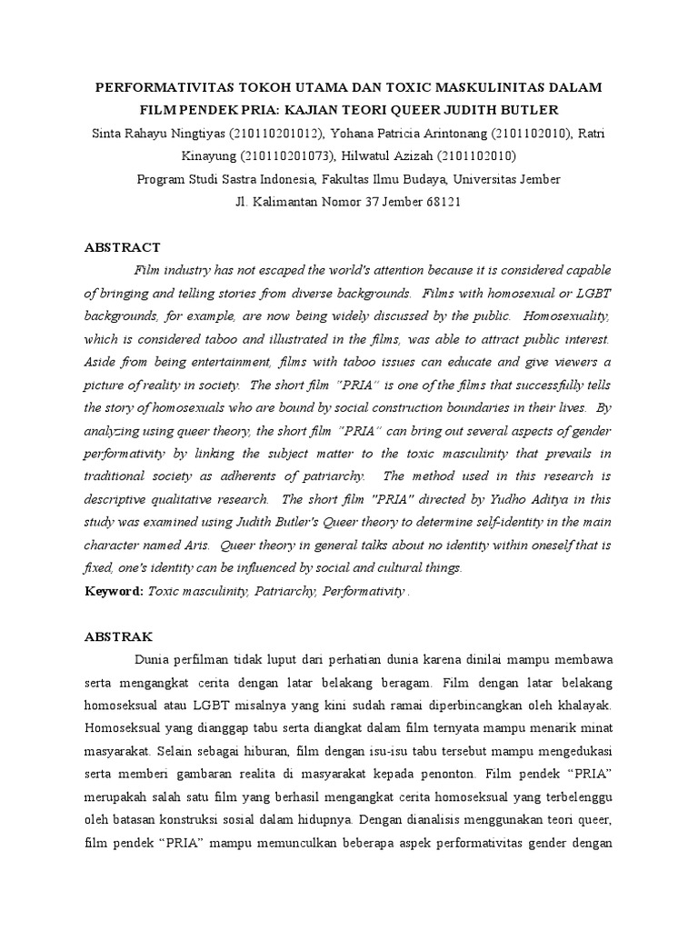 Performativitas Tokoh Utama Dan Toxic Maskulinitas Dalam Film Pendek ...