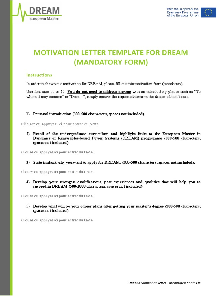 DREAM - Motivation Letter Application Template | PDF