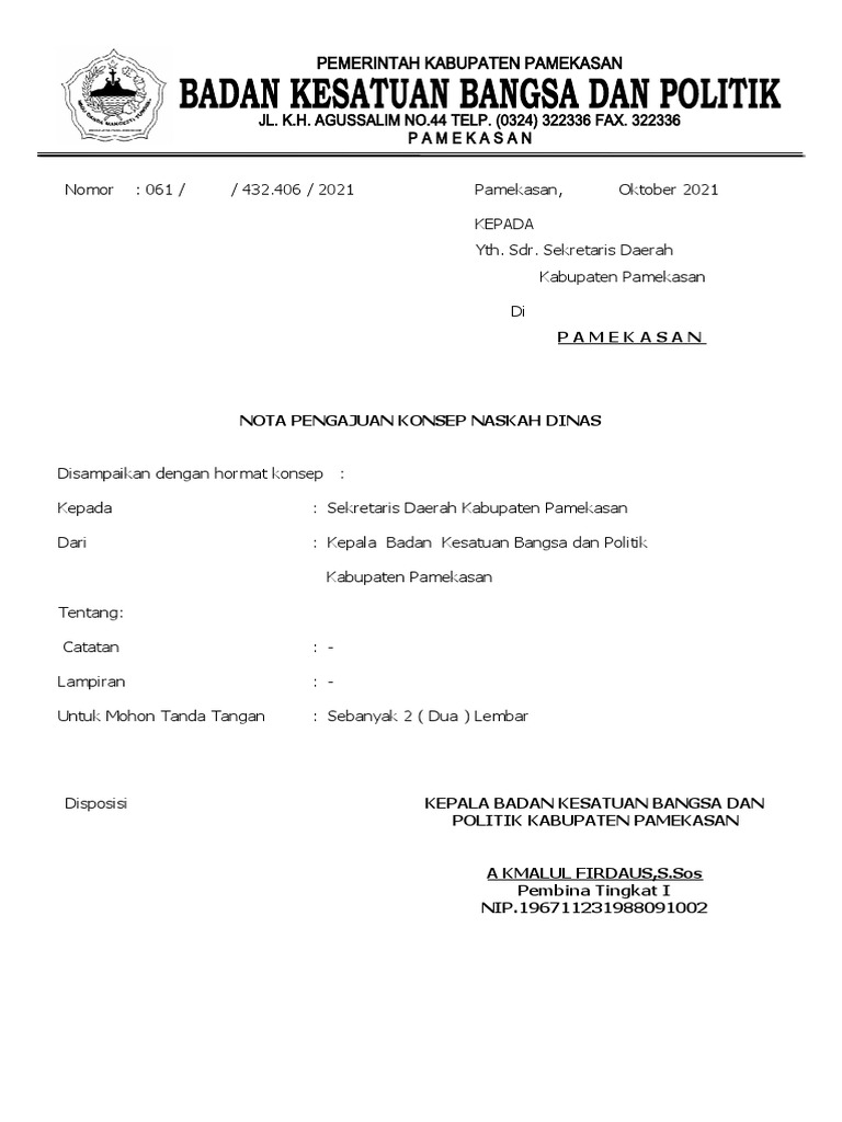 Nota Pengajuan Konsep Naskah Dinas | PDF